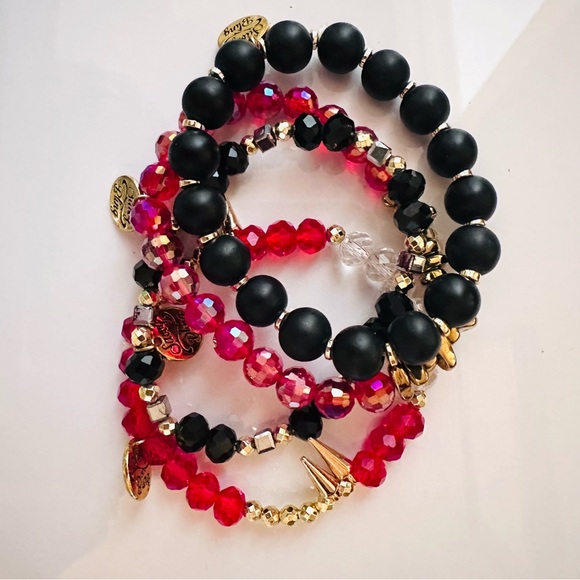 Savvy Bling | Jewelry | Savvy Bling Black And Red Bracelet Stack | Poshmark
